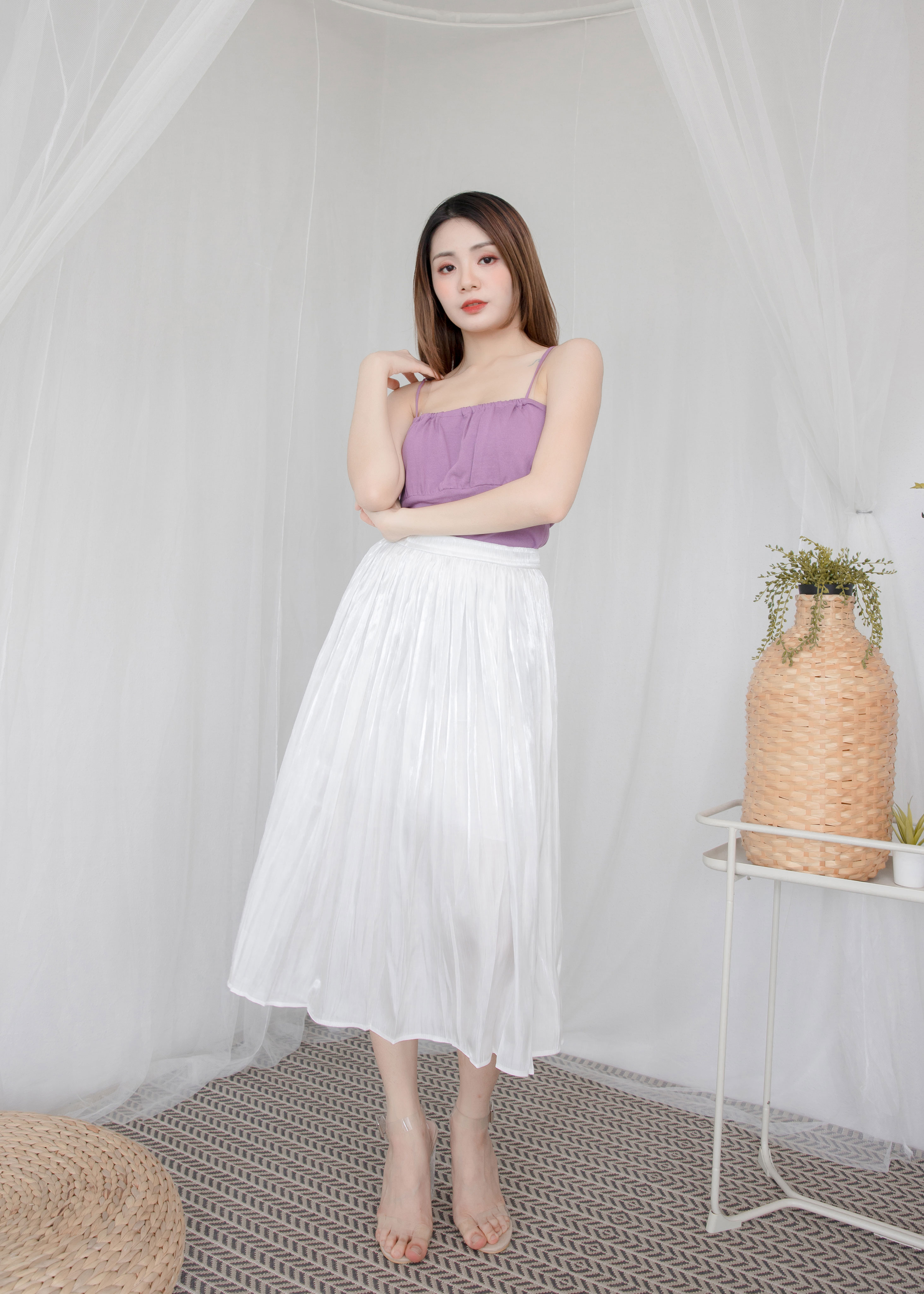 Gloss Over Satin Pleated skirt in White • DREAMSCAPED