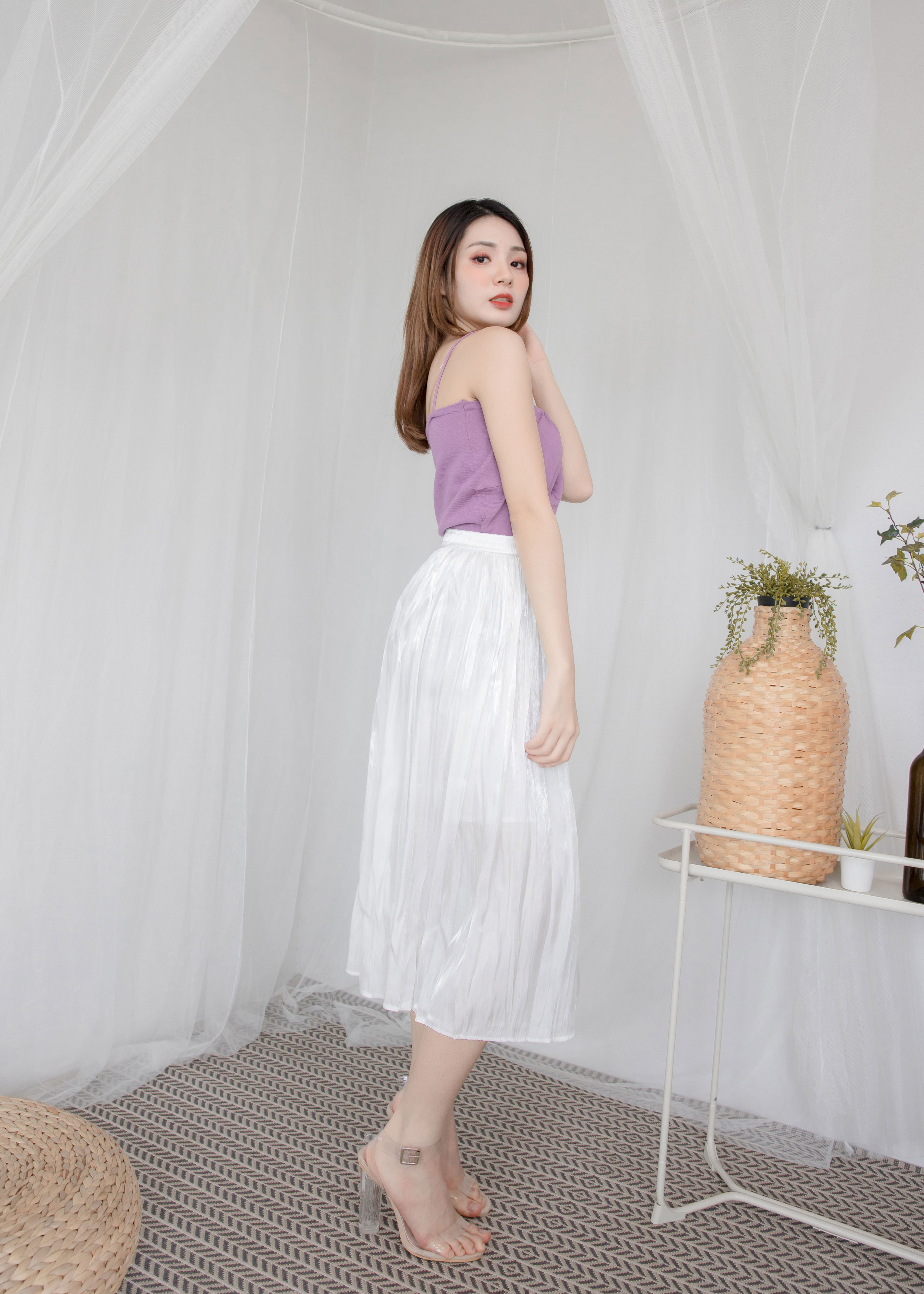 Gloss Over Satin Pleated skirt in White • DREAMSCAPED