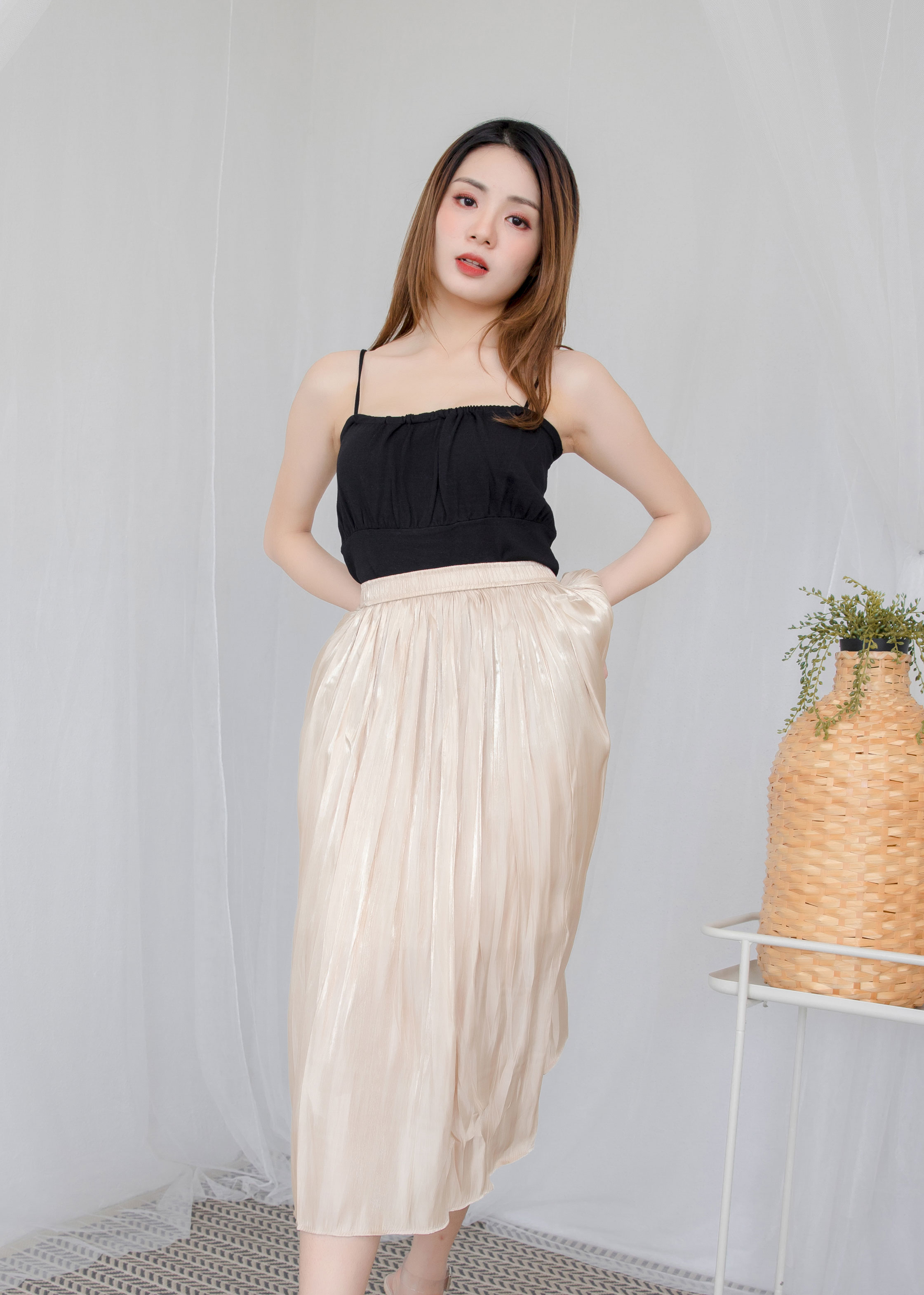Gloss Over Satin Pleated skirt in Beige • DREAMSCAPED