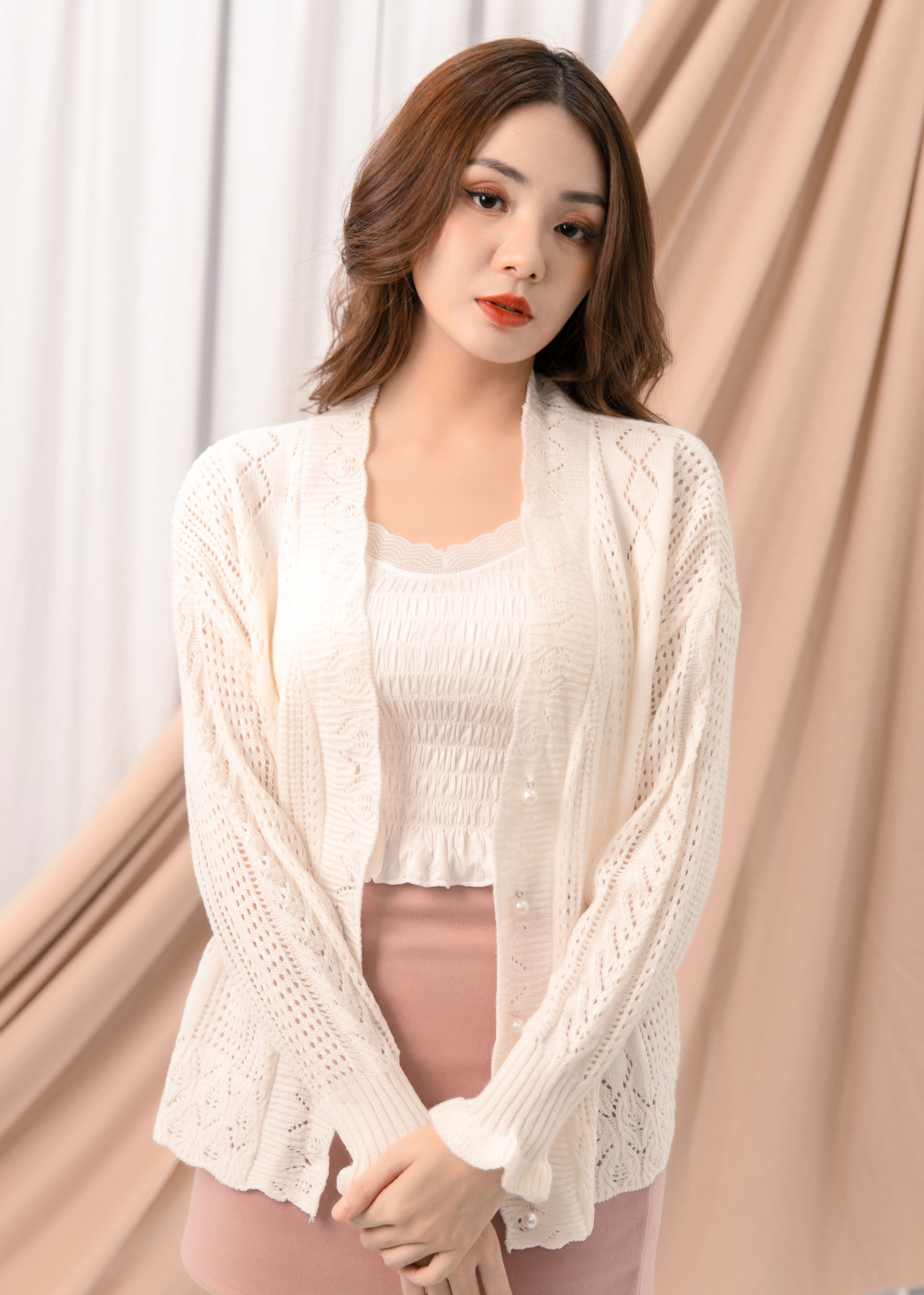 Pearly Eyelet Cardigan in White • DREAMSCAPED