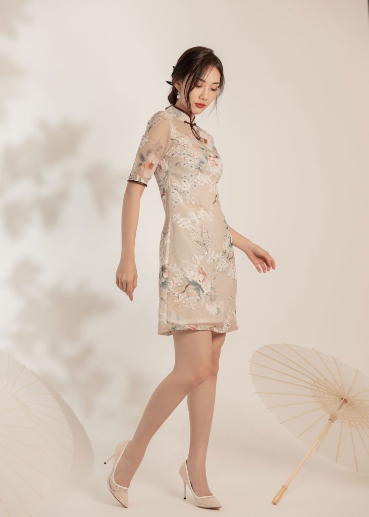 Four Seasons Of China Embroidered Qipao in Beige • DREAMSCAPED