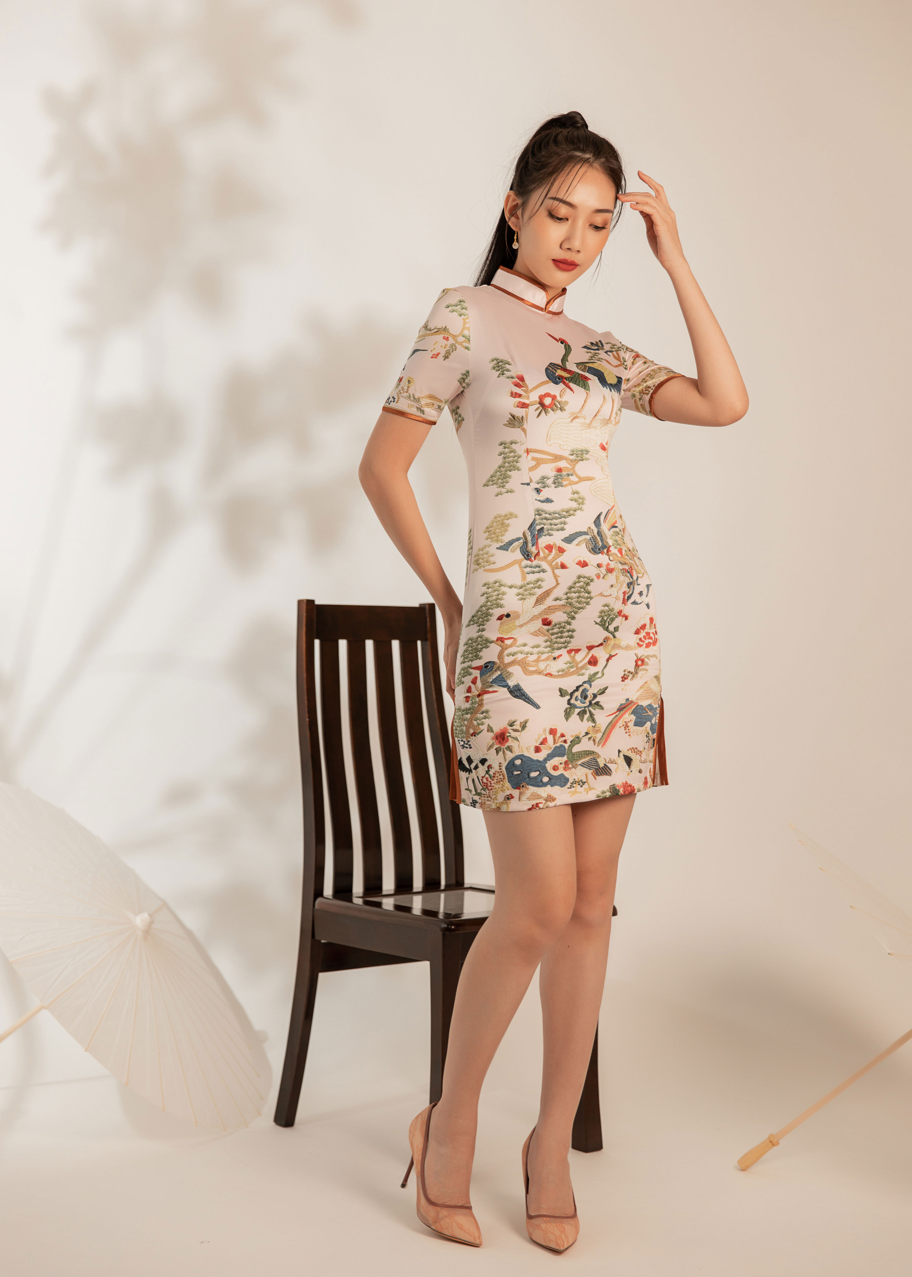 Hummingbird Windfall Qipao in Pink • DREAMSCAPED