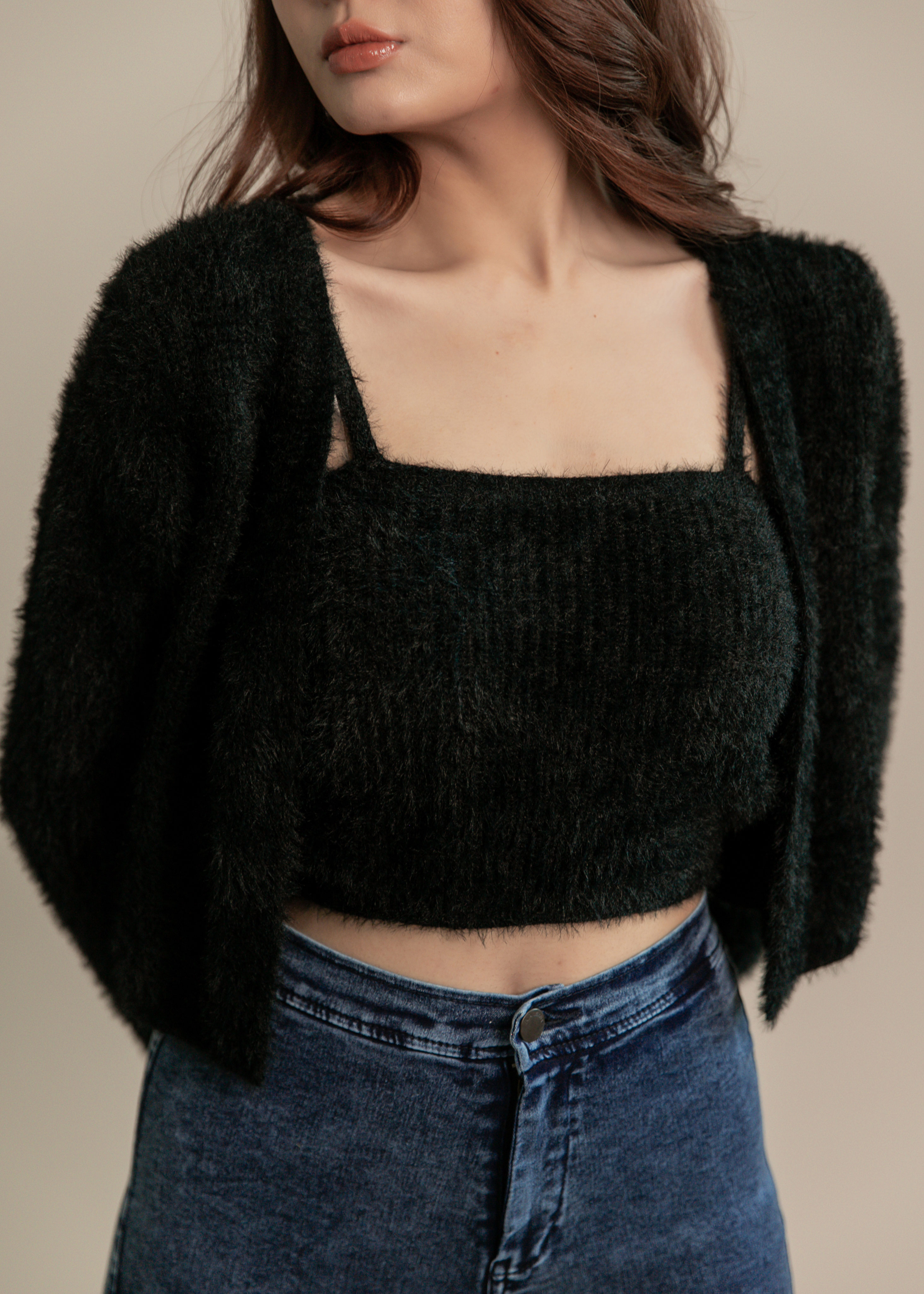 Woollybear Co-Ord Fluff Top in Black • DREAMSCAPED