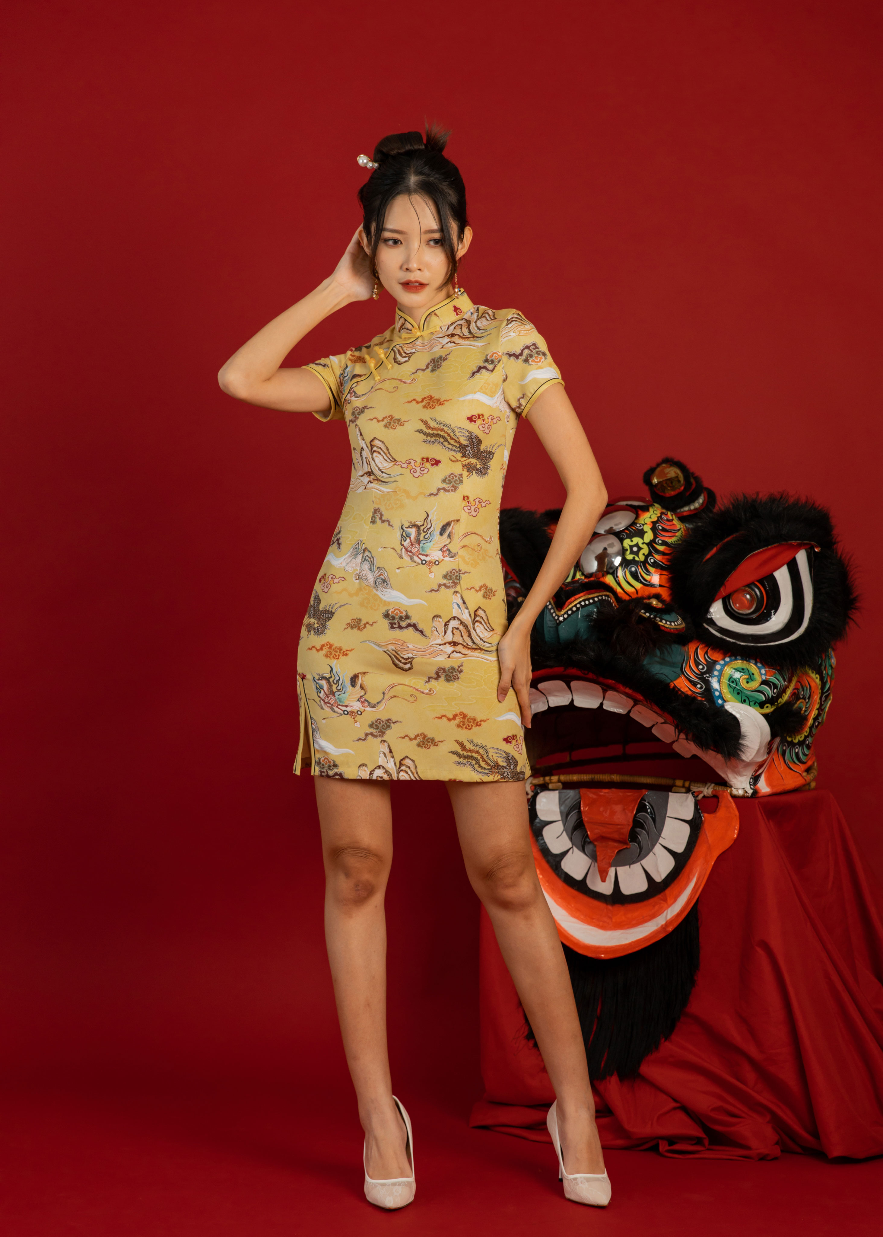 Qilin Fortune Mini Qipao in Yellow • DREAMSCAPED