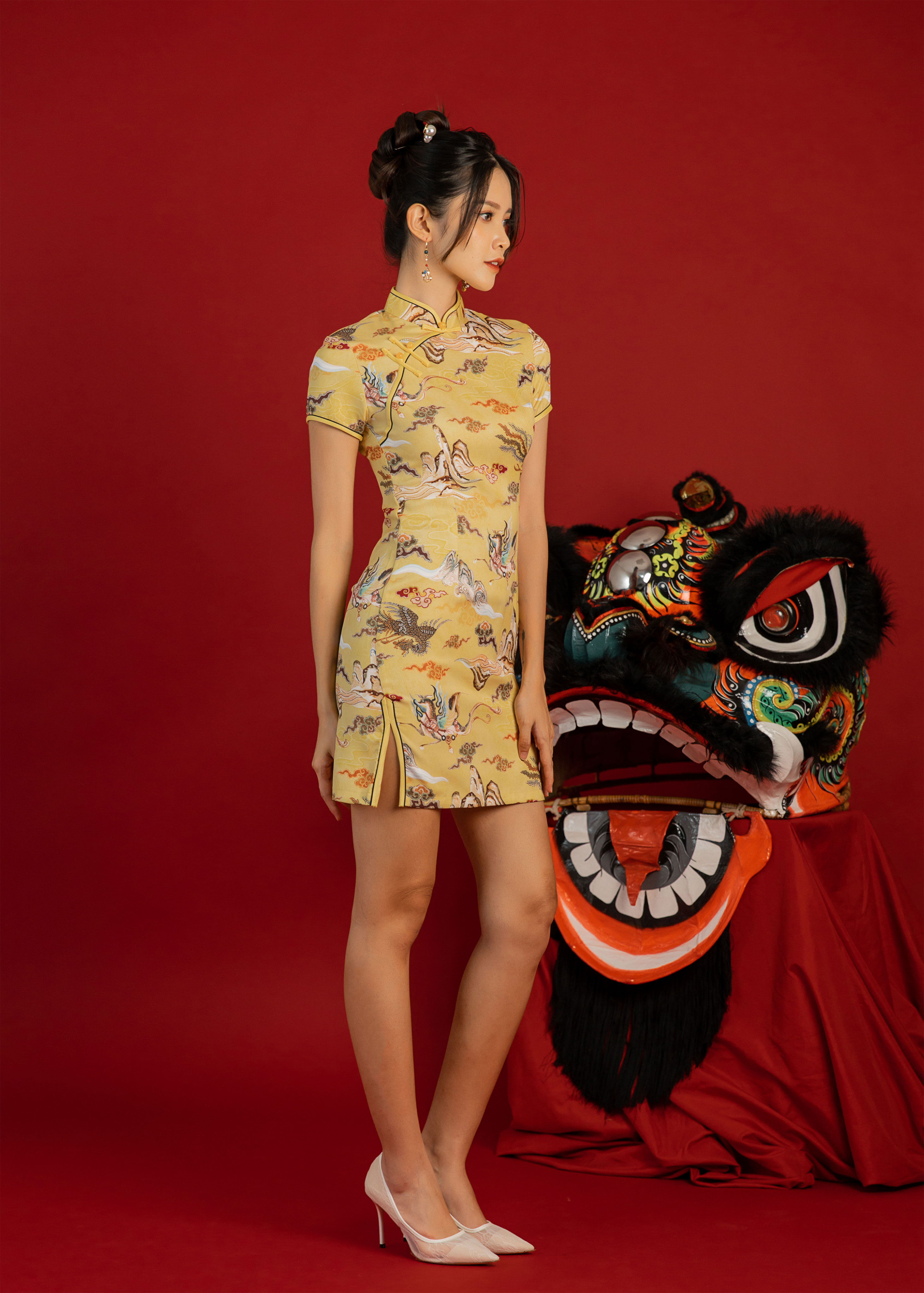 Qilin Fortune Mini Qipao in Yellow • DREAMSCAPED