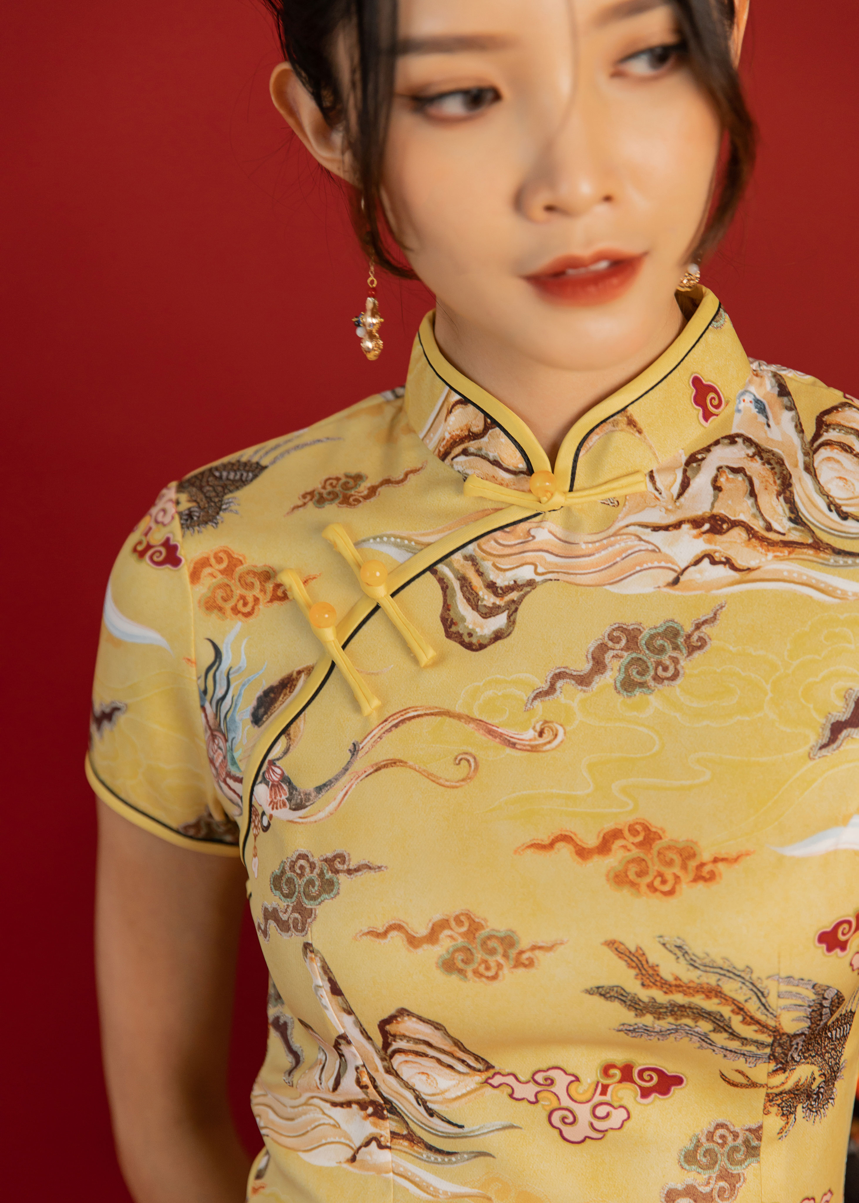 Qilin Fortune Mini Qipao in Yellow • DREAMSCAPED