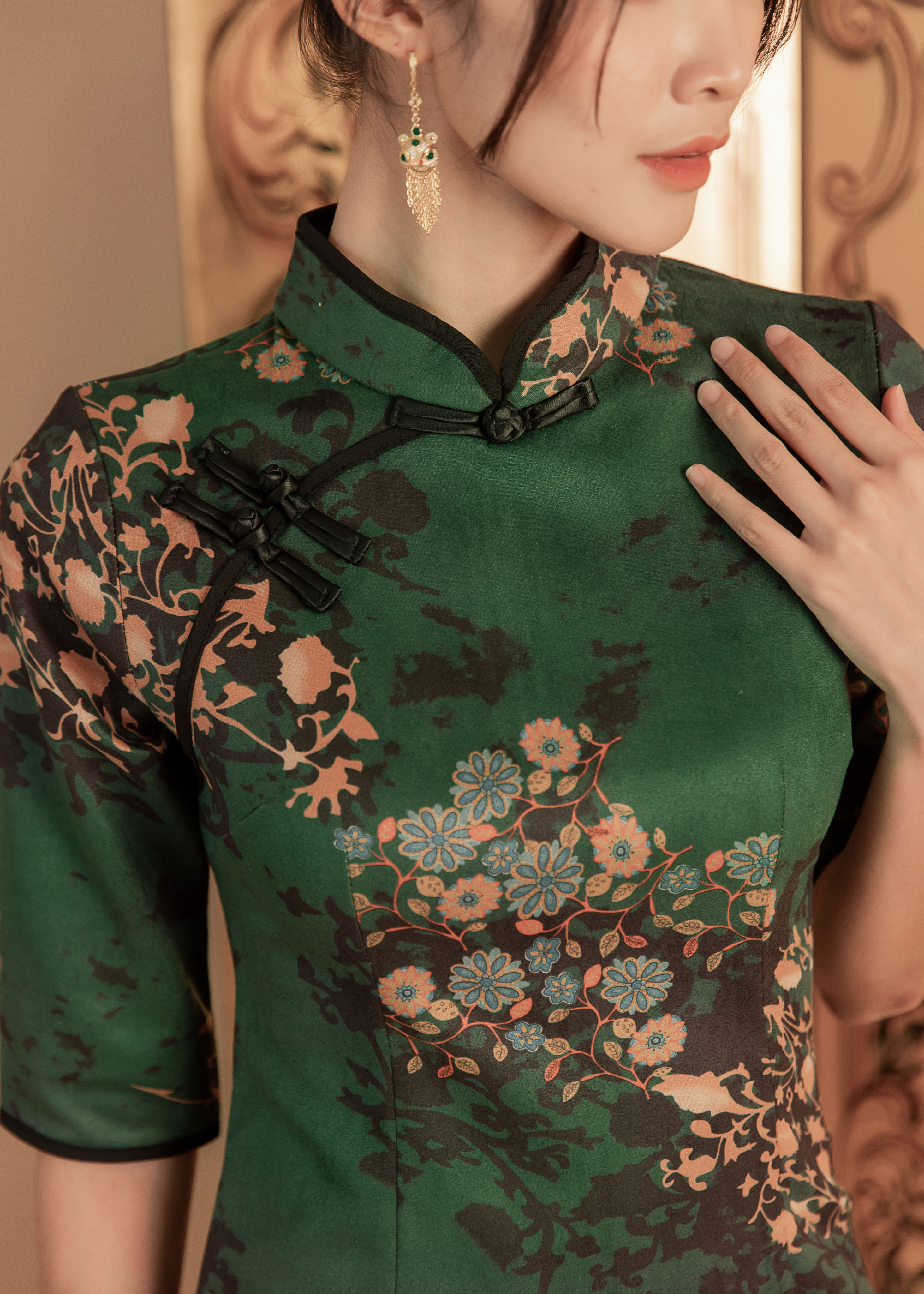 Blooming Contour Suede Mini Qipao • DREAMSCAPED