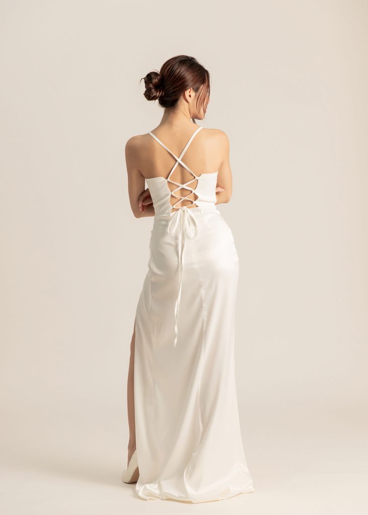Regency Reverie Satin Gown in White • DREAMSCAPED