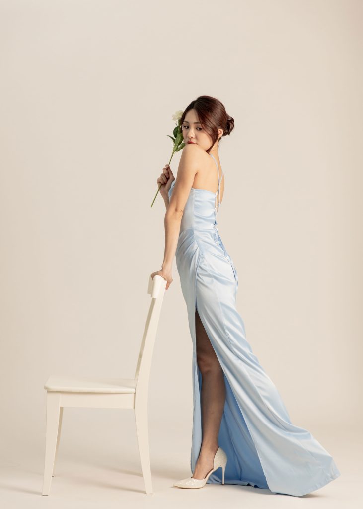 Regency Reverie Satin Gown in Sky Blue • DREAMSCAPED
