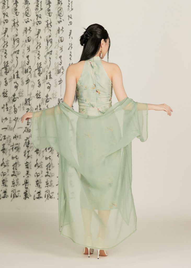 Koi Fortune Midi Qipao + Cardigan in Green • DREAMSCAPED
